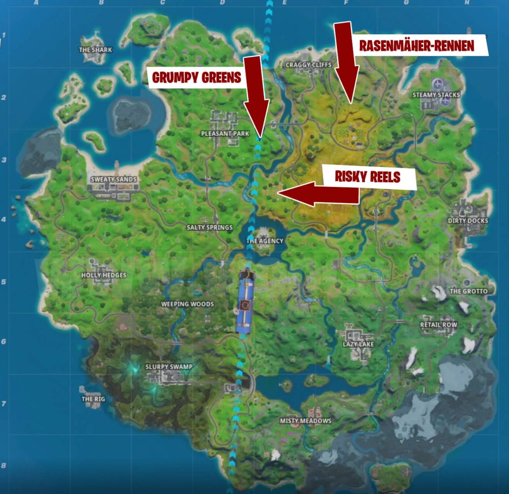 Fortnite - Besuche Grumpy Greens, Rasenmäher-Rennen, und Risky Reels