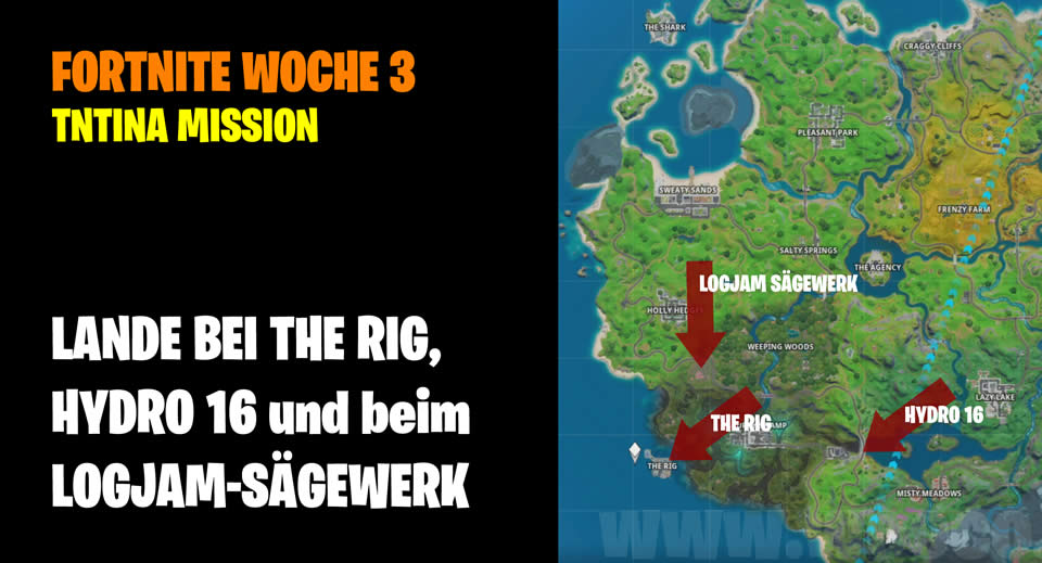 Fortnite - Lande bei The Rig, Hydro 16, und Logjam Sägewerk