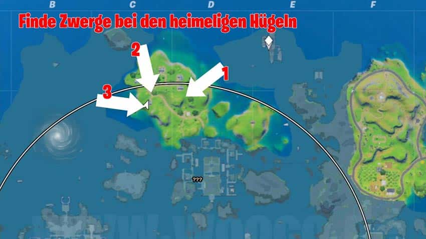 Fortnite - Finde Zwerge bei den heimeligen Hügeln