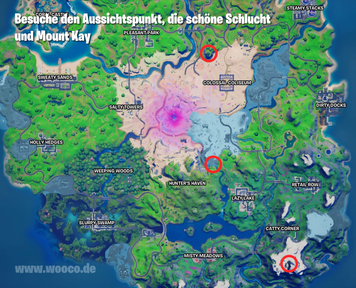 Fortnite - Besuche den Aussichtspunkt, die schöne Schlucht und Mount Kay